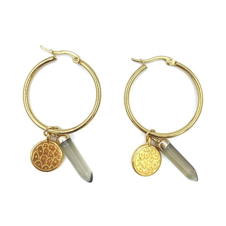 Oorbellen ringen groot met bedeltjes - grijs + goud - Rosa Bella